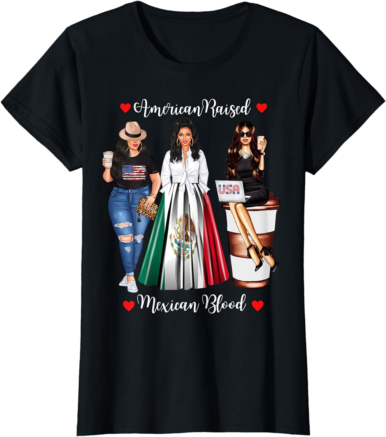 American Raised Mexican Blood USA Flag Mexico Proud T-Shirt Black ...