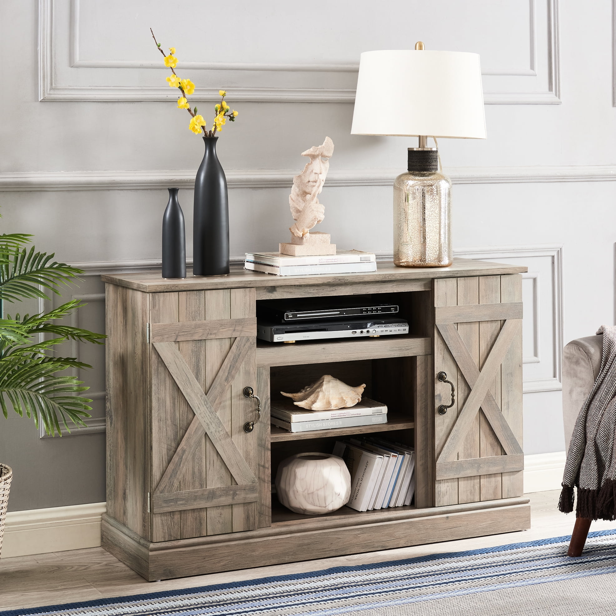 American Retro Entertainment Stand With Drawers, Style, Gray Wash, For ...