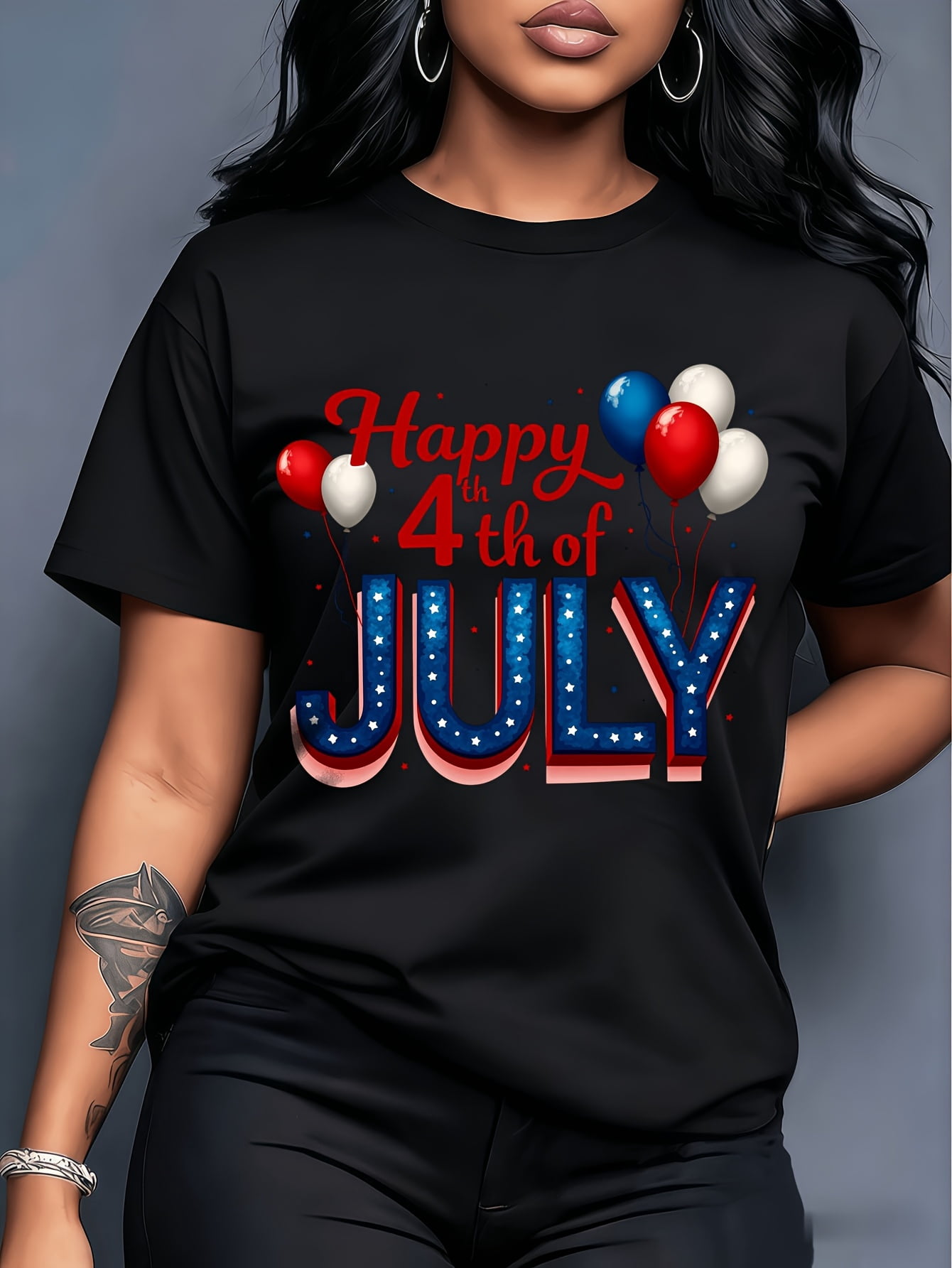 American Retro Happy 4th of July Balloon Print Short Sleeve Crew Neck T ...
