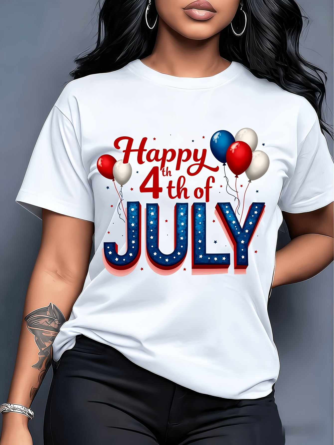 American Retro Happy 4th of July Balloon Print Short Sleeve Crew Neck T ...