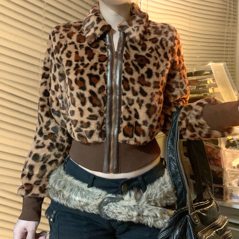 American Retro Leopard Print Fleece Splicing Lapel Faux Two-piece ...