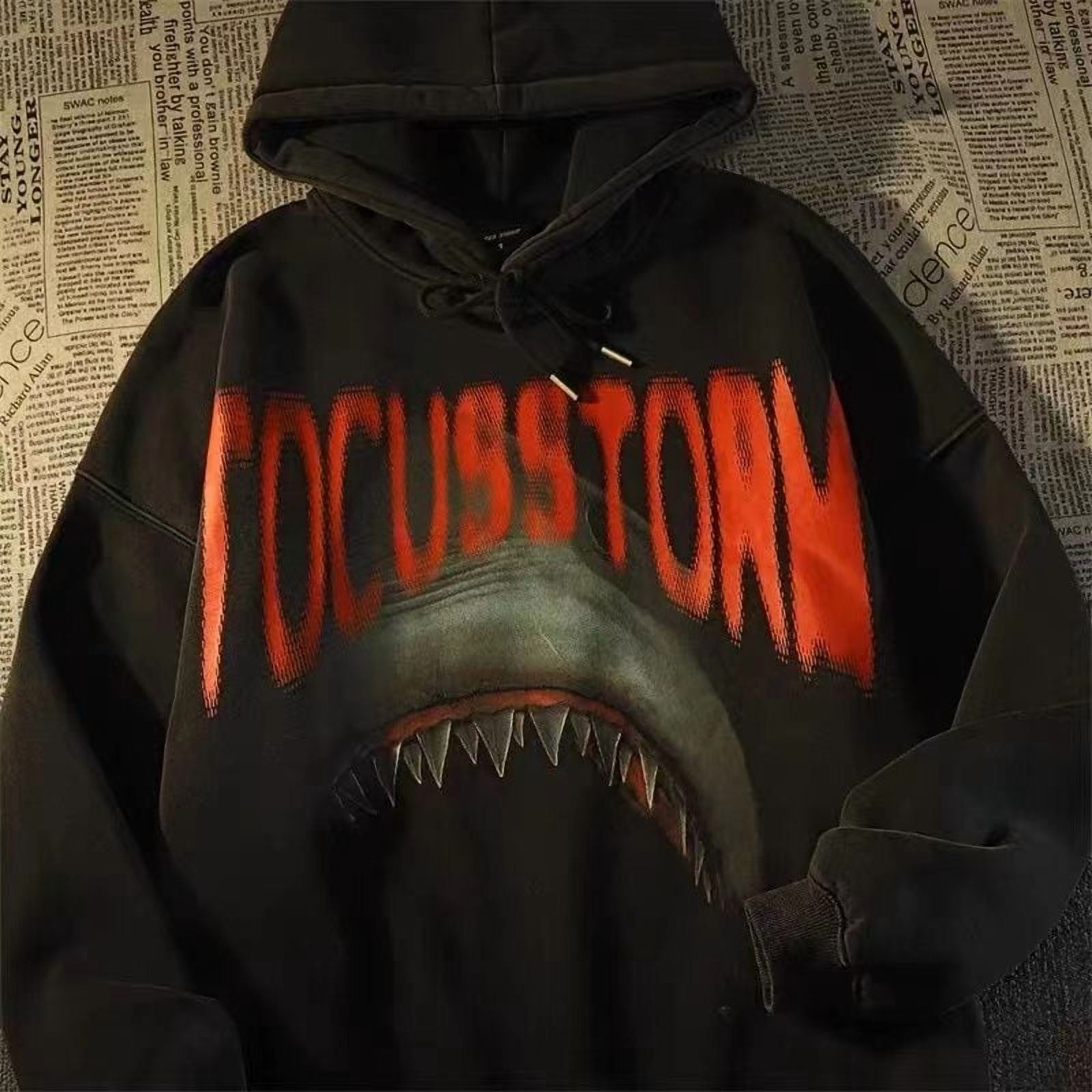 American Retro Shark Vintage Hoodie for Men Loose Ins Dark Style Fleece ...