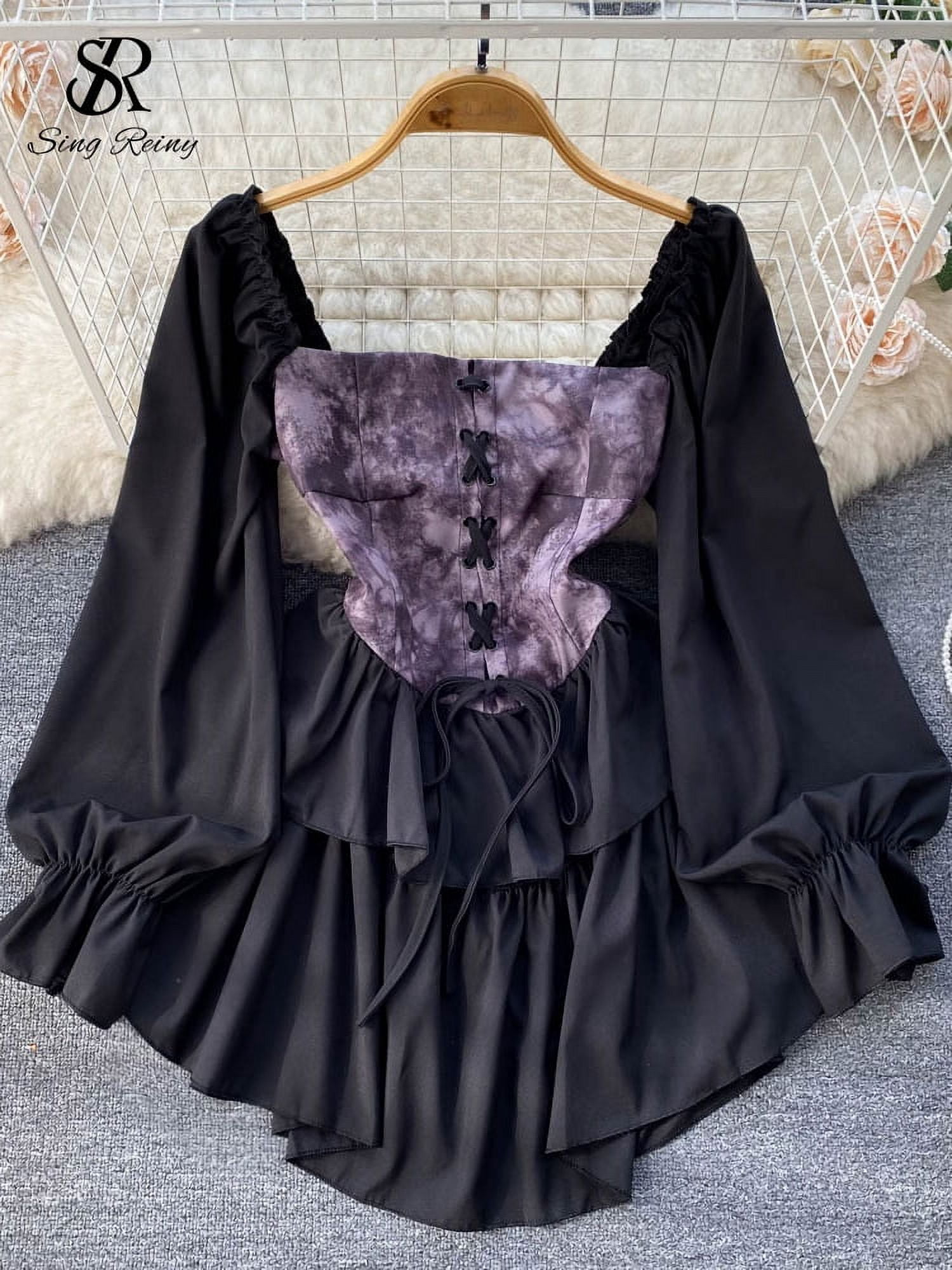 American Retro Short Loose Dress Slash Neck Long Lantern Sleeves Lace ...