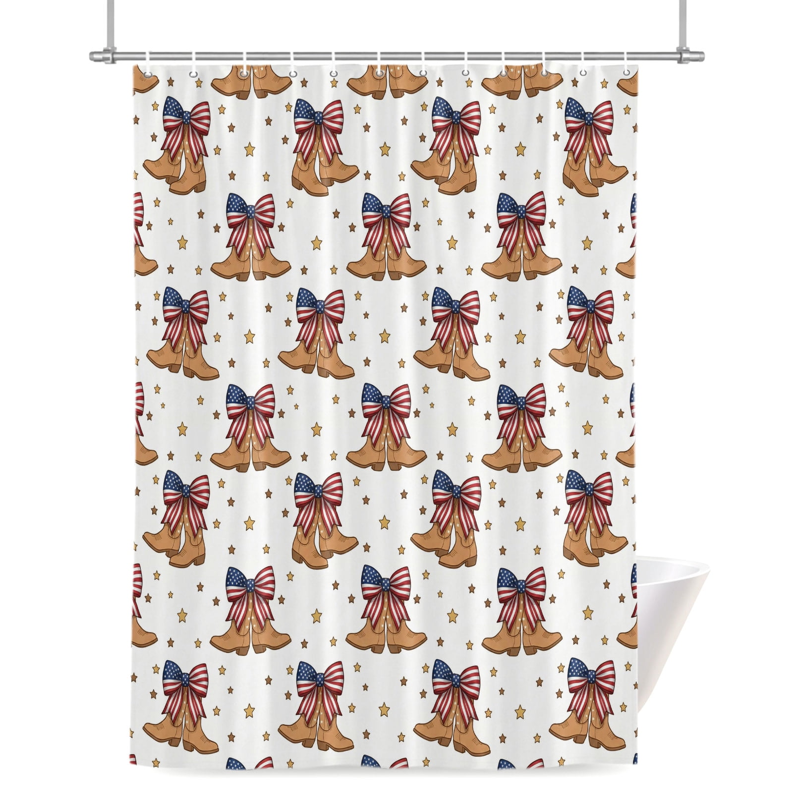 American Retro Style Shower Curtain, Western Cowboy Boots Usa Flag Bow ...