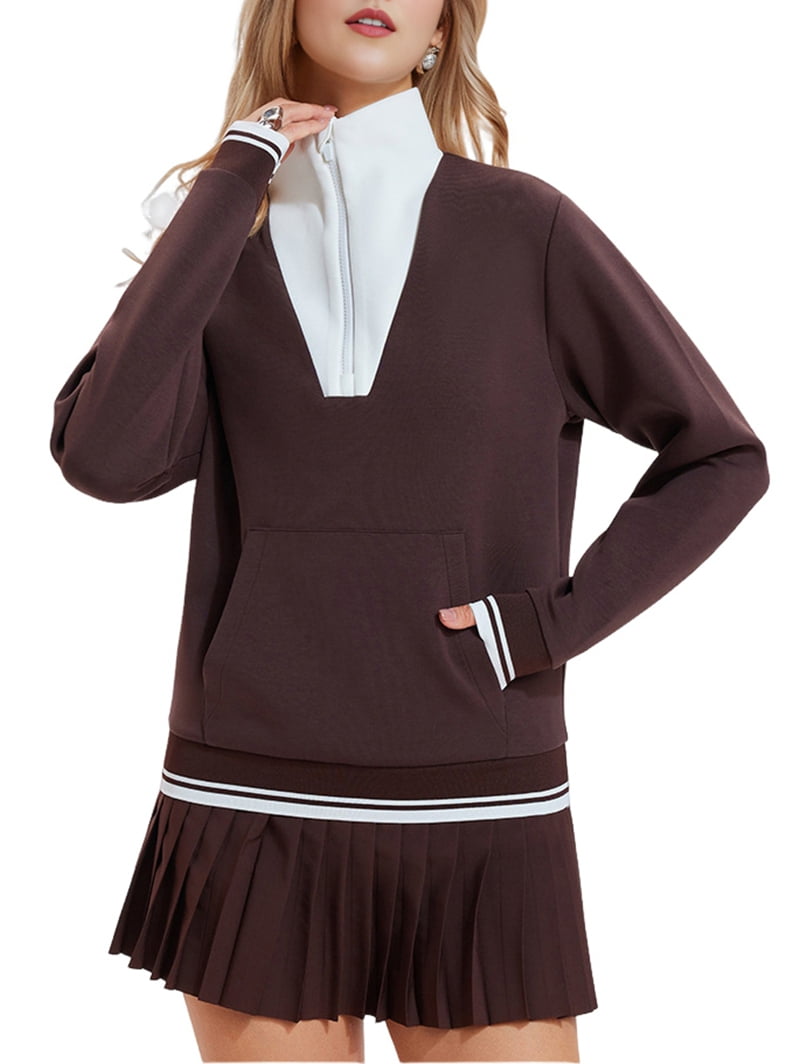 American Retro Style Women'S Sweatshirt Color Block Collar Long Sleeve ...