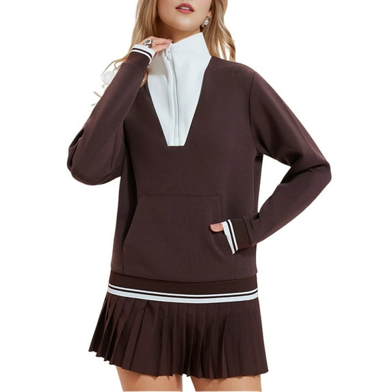 American Retro Style Women'S Sweatshirt Color Block Collar Long Sleeve ...