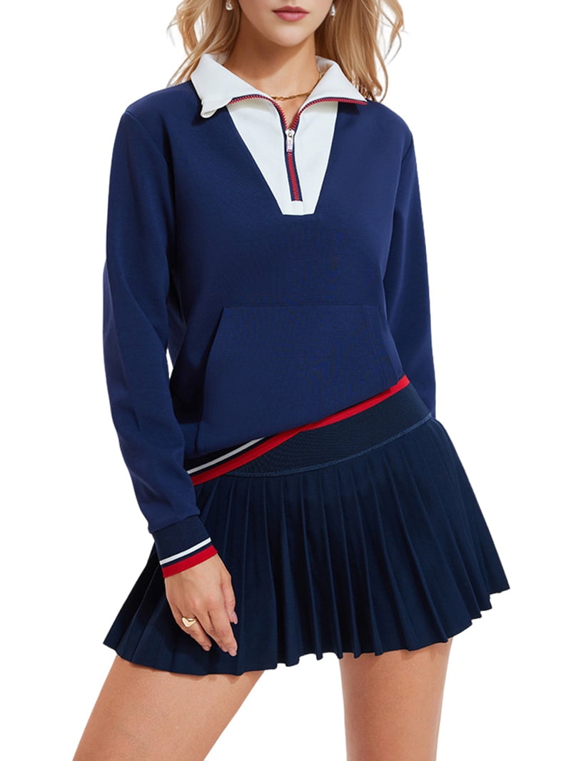 American Retro Style Women'S Sweatshirt Color Block Collar Long Sleeve ...