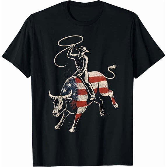 American Rodeo Bull Rider Usa Flag Patriotic Western Cowboy T-Shirt ...