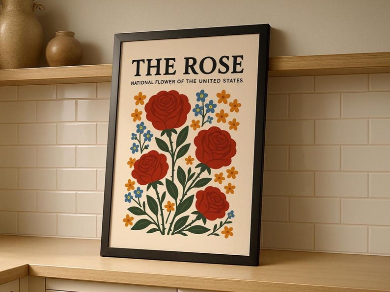 American Rose Poster | Retro Botanical Print | National Flower of USA ...