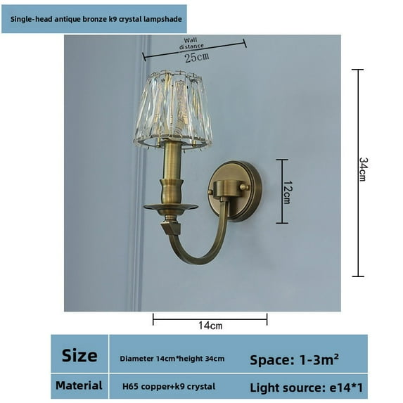 American Rustic Single-Head Solid Brass Wall Sconce with Crystal Shade ...