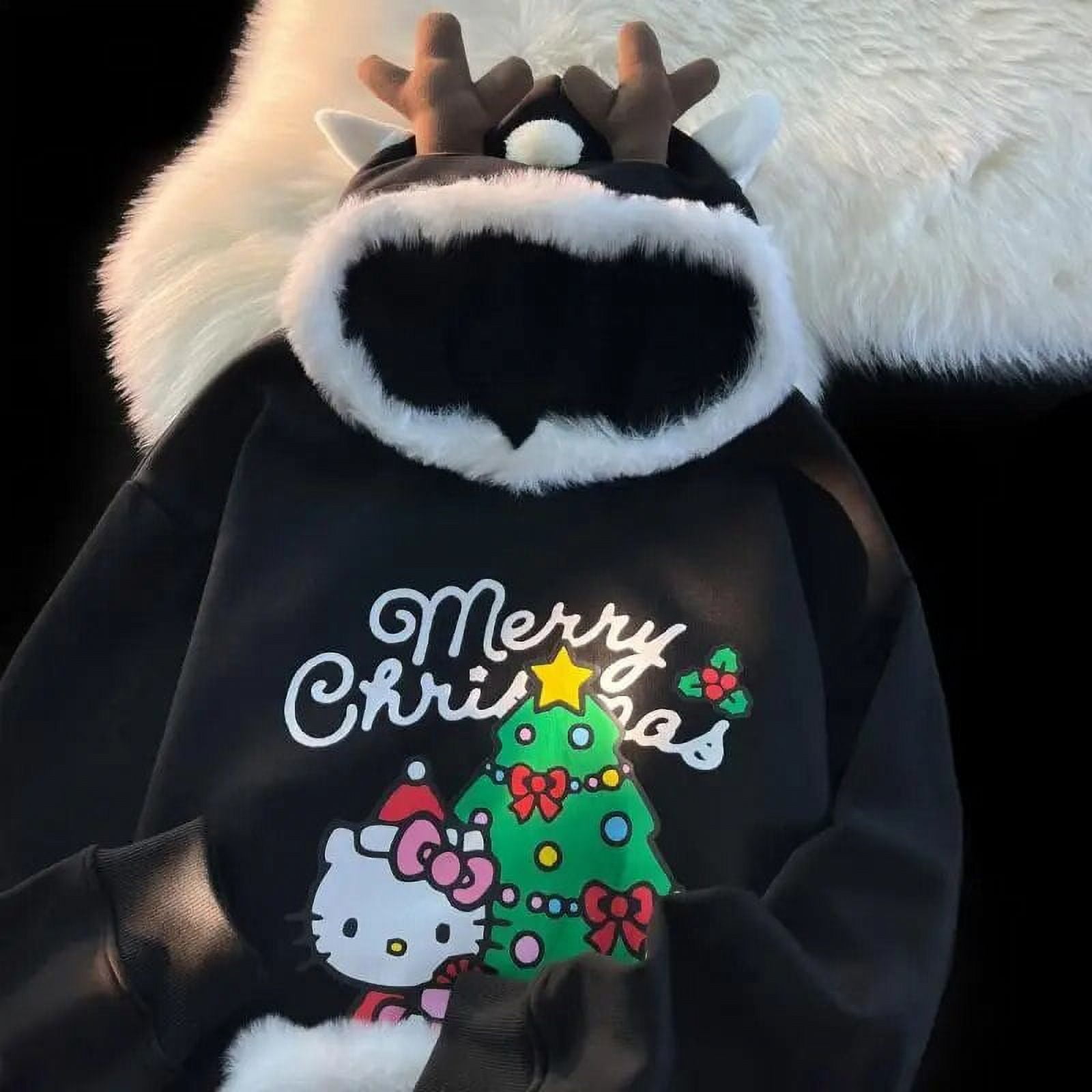American Sanrio Hello Kitty Christmas Deer Hooded Plush Sweater Cute ...