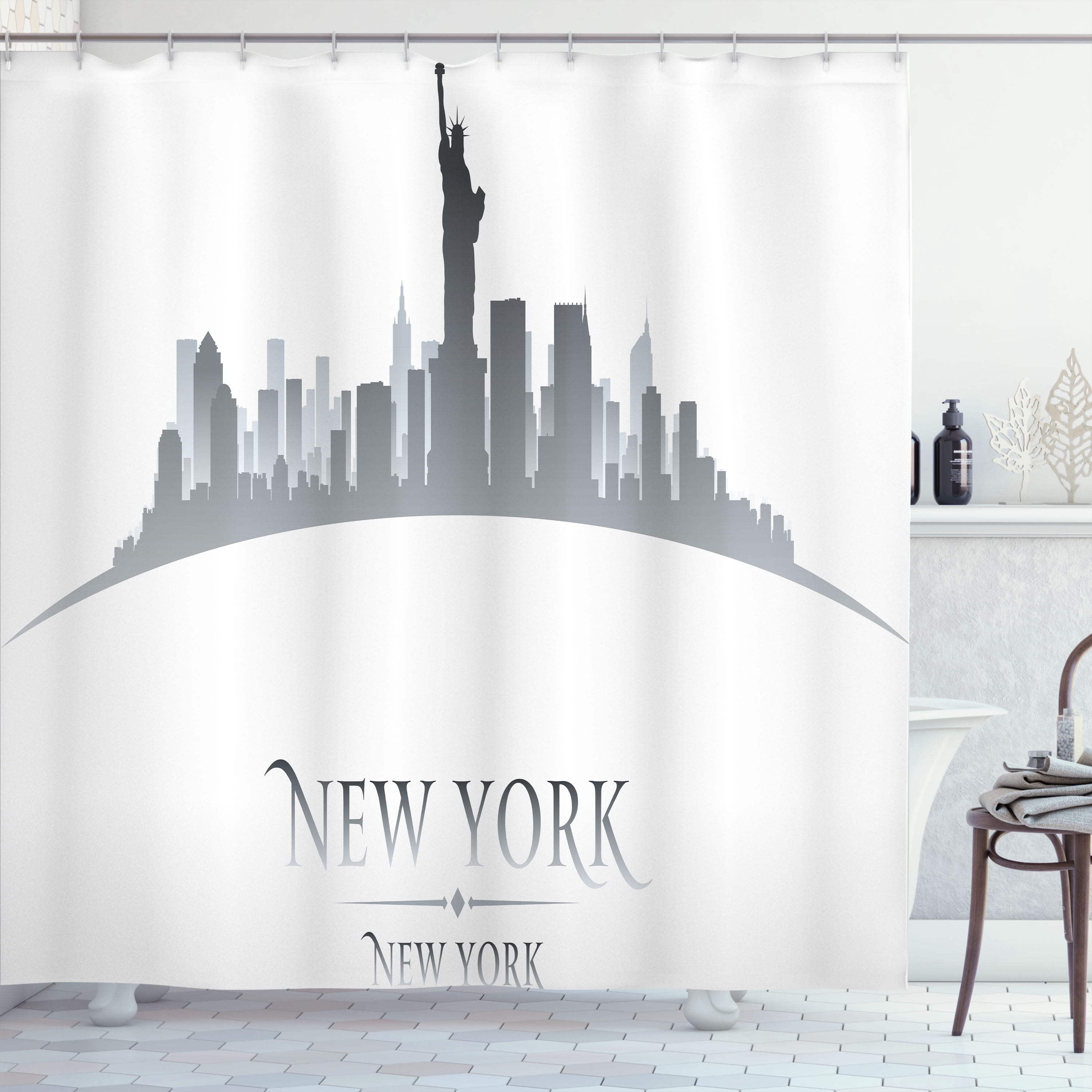 American Shower Curtain, New York City Silhouette with Statue of ...