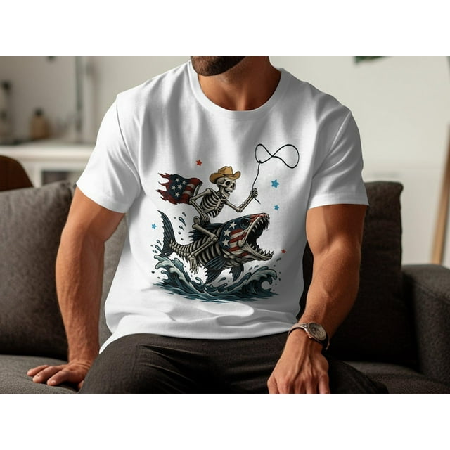 American Skeleton Cowboy Riding Fish Patriotic USA Flag Funny July 4th ...