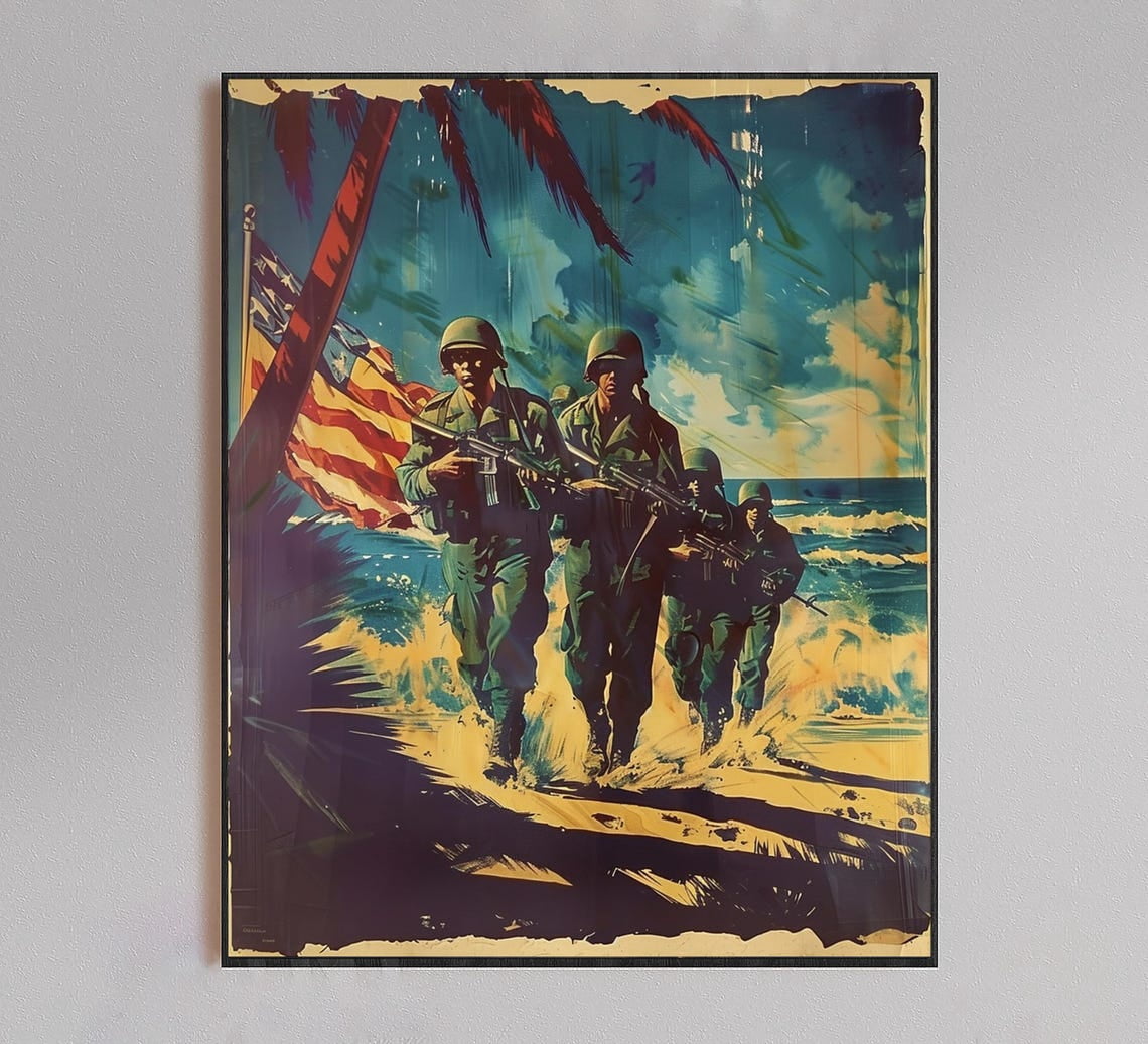 American Soldiers Beach Assault Military Vintage Marine War Art ...