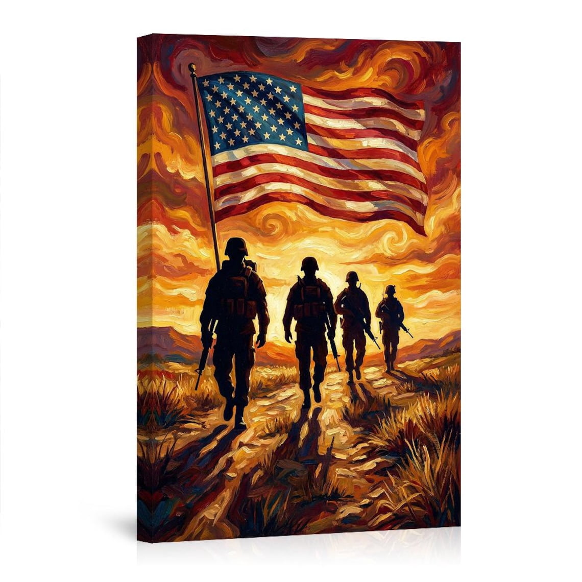 American Soldiers With US Flag At Fiery Sunset Military Tribute For ...