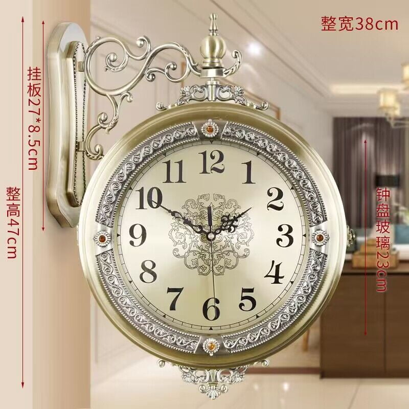American Solid Wood Metal Double-Sided Wall Clock Mute European Living ...