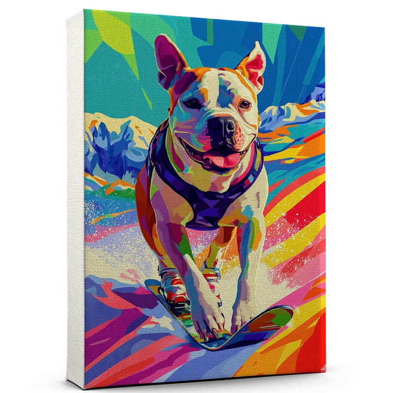 American Staffordshire Terrier Dog Skiing Art Stretched Canvas Size ...
