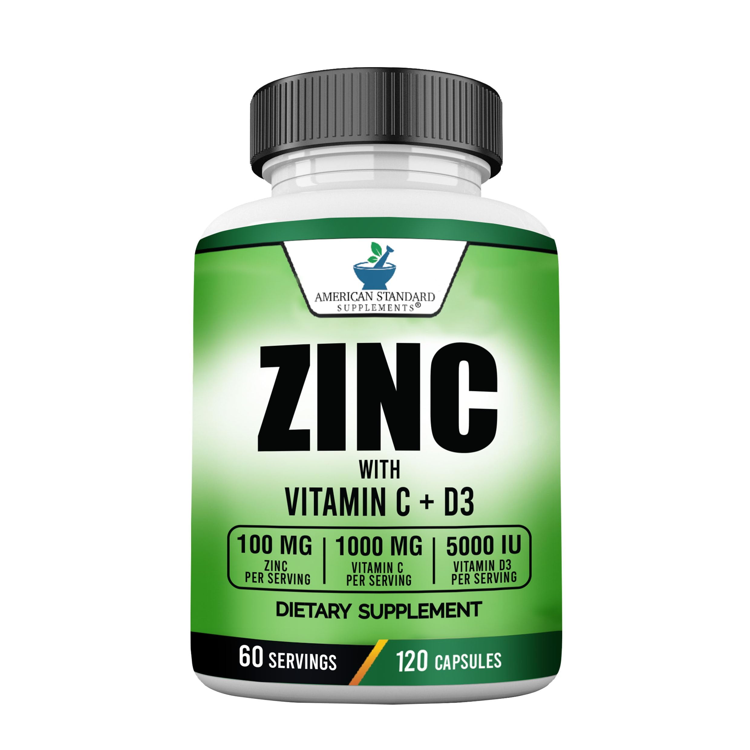 American Standard Supplements Zinc 100mg, Vitamin C 1000mg, and Vitamin D3 5000 IU (125mcg) Per ...