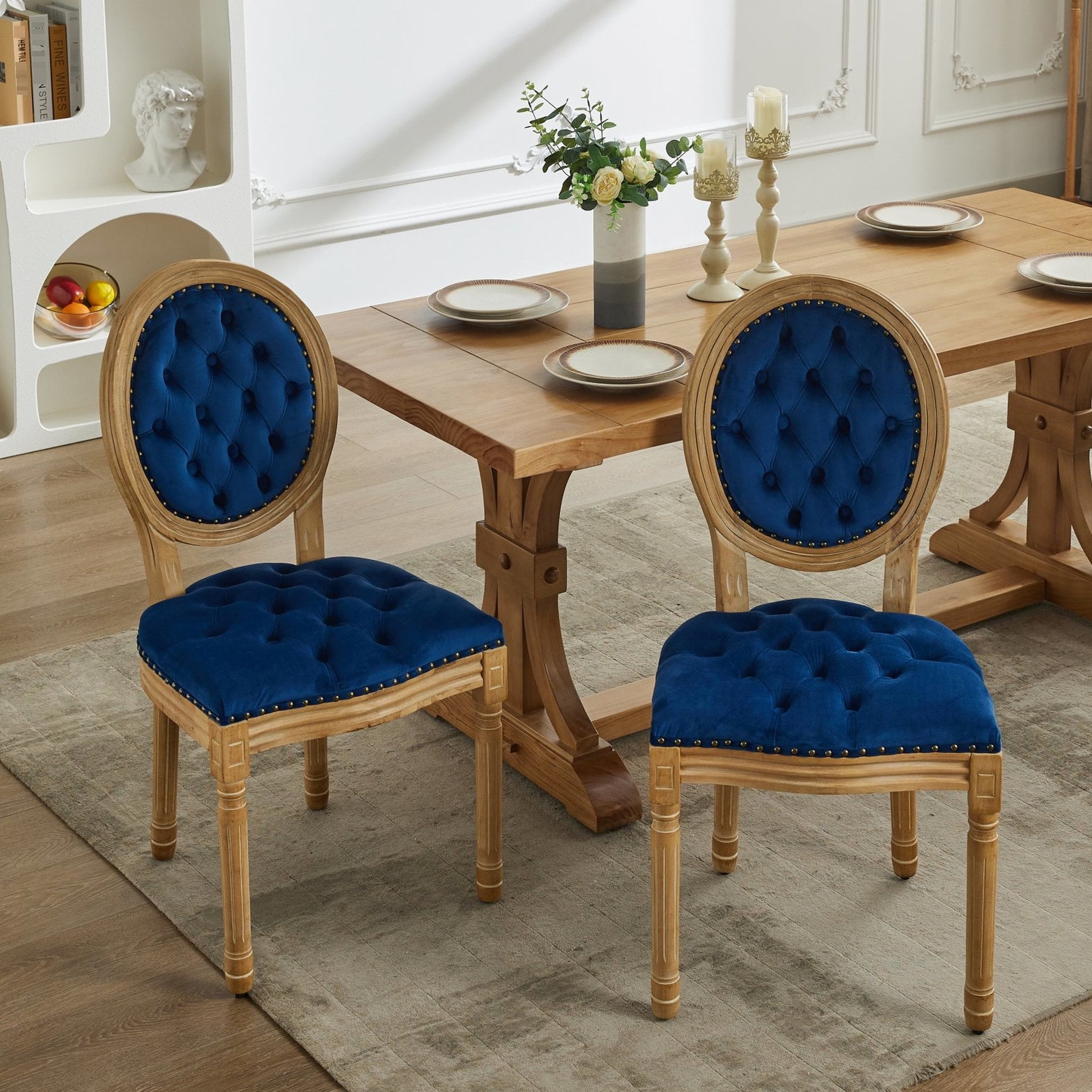 American Style Blue Velvet Dining Chair Set, Steel Spring Inner ...
