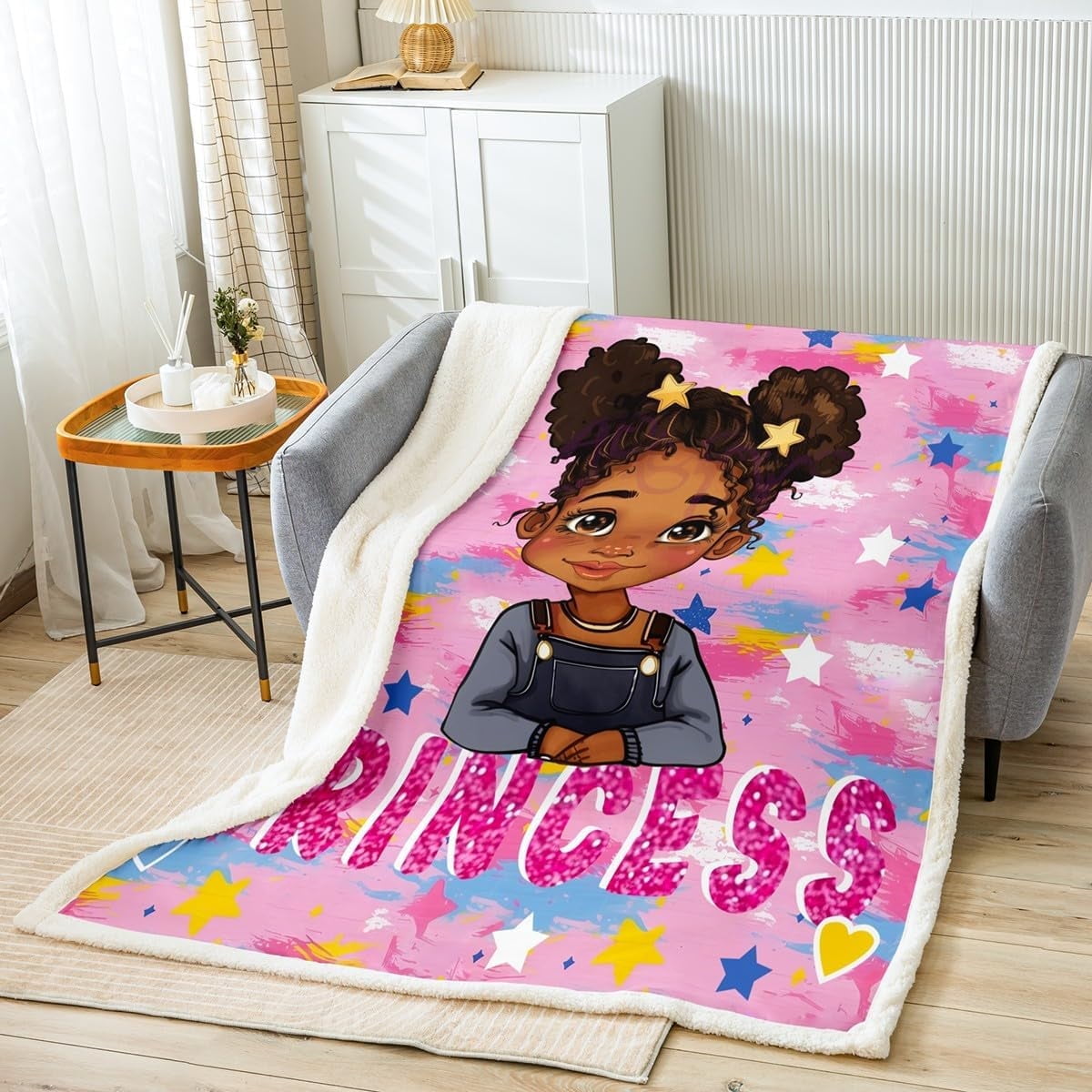 American Style Girl Bed Blanket,Black Princess Kawaii Kid Stars ...