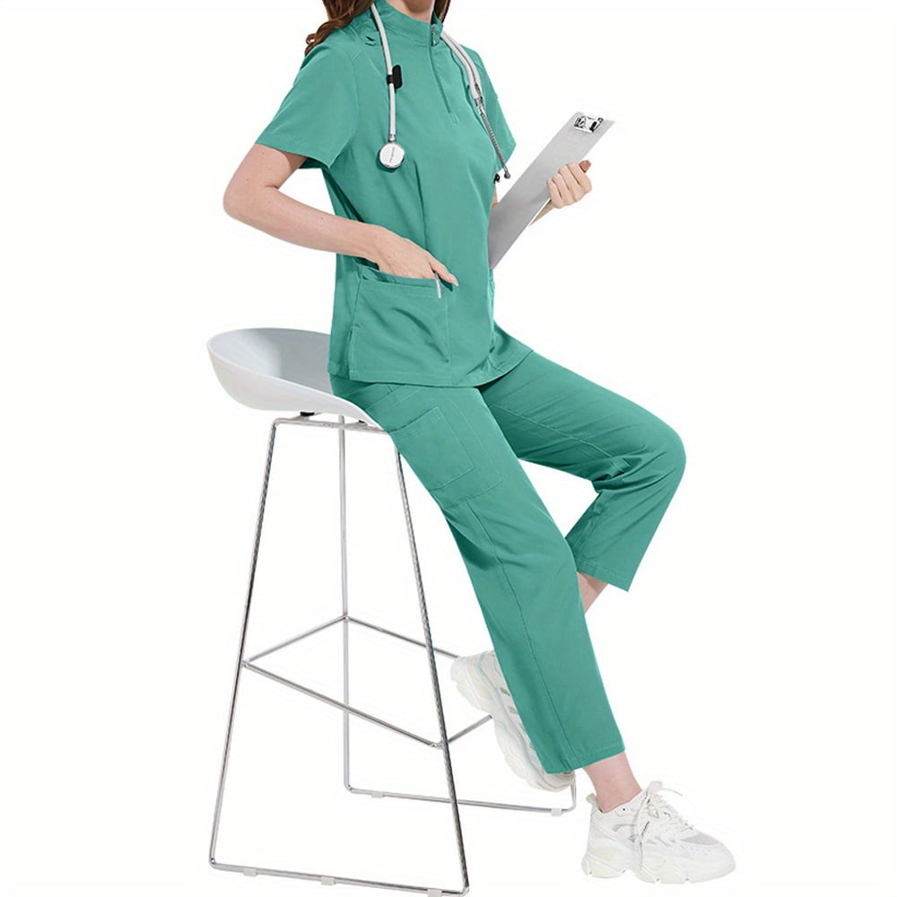 American Style ICU Nurse Workwear Solid Color Stand-up Collar Women's ...