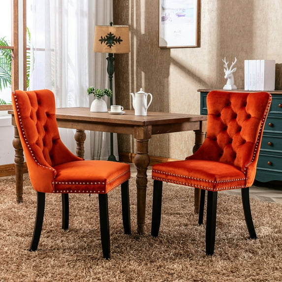 American Style Orange Velvet Dining Chairs, 2-Pcs Set | Solid Wood ...