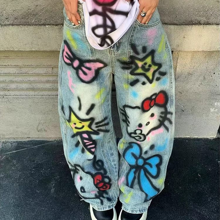 American Style Plus Size Dopamine Cartoon Graffiti Print Jeans for ...