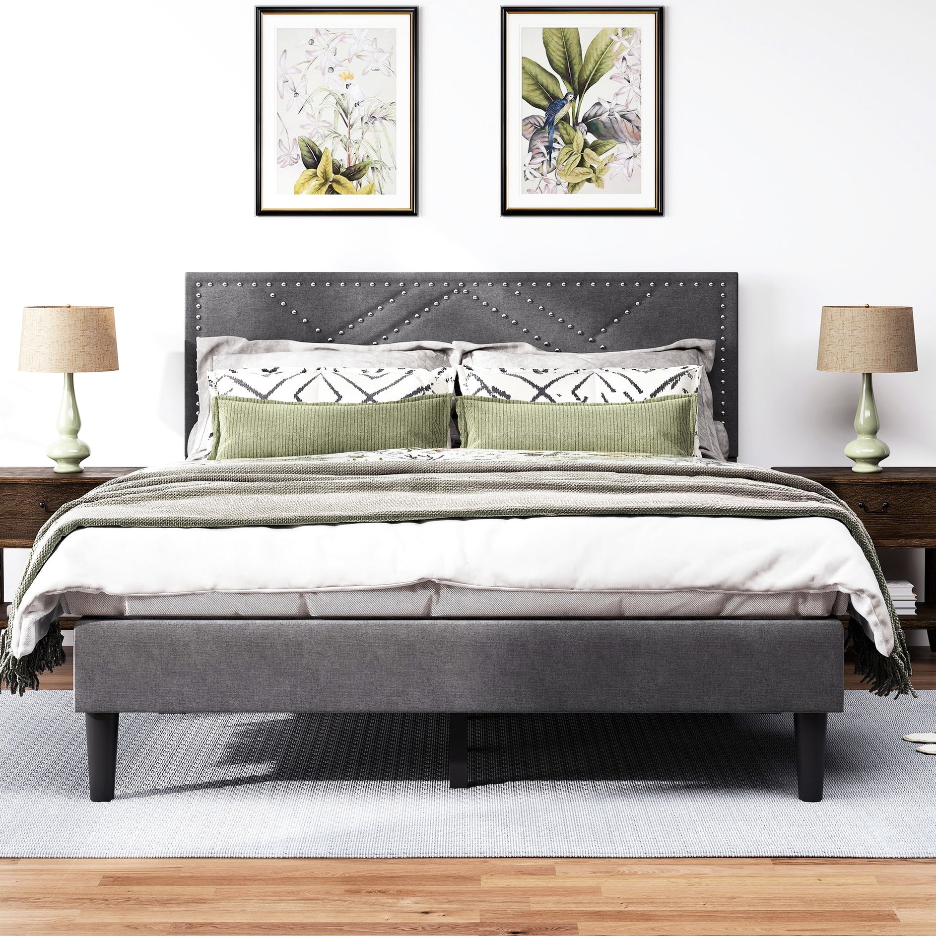 American Style Queen Bed Frame with Linen Headboard 485lbs Capacity ...
