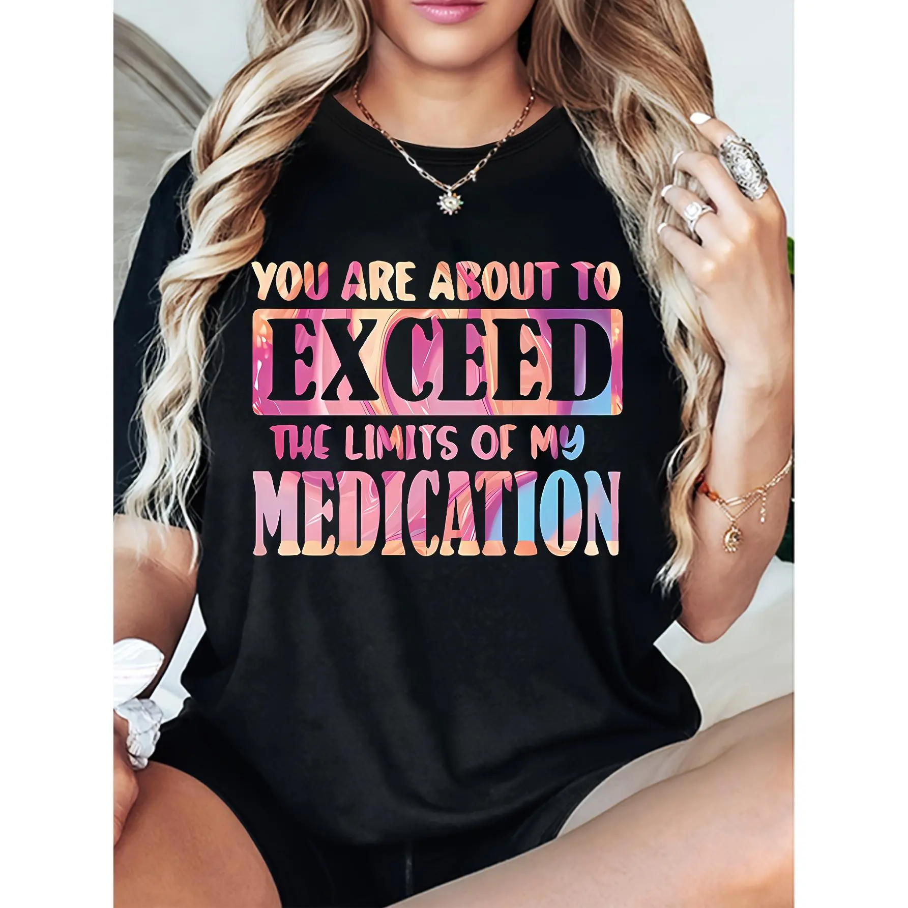 American Style Quote Print T-Shirt, Round Neck Short Sleeve Pure Cotton ...