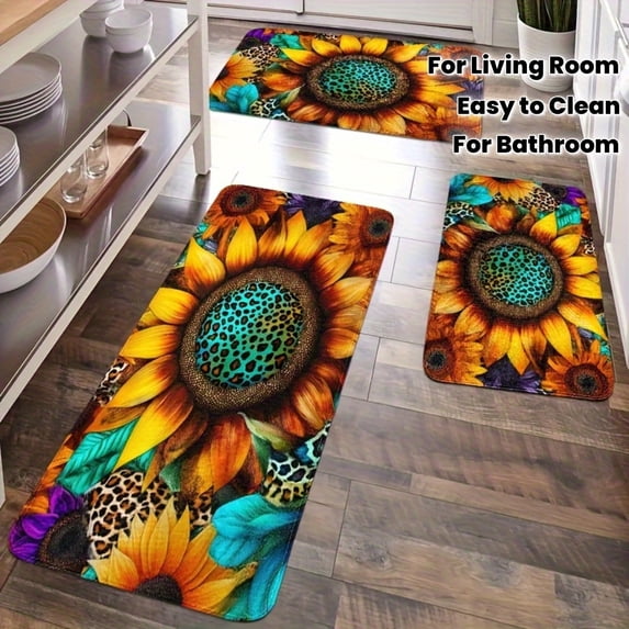 American Sunflower Kitchen Mat Set, Non-Slip Flannel Floor Rug, Floral ...