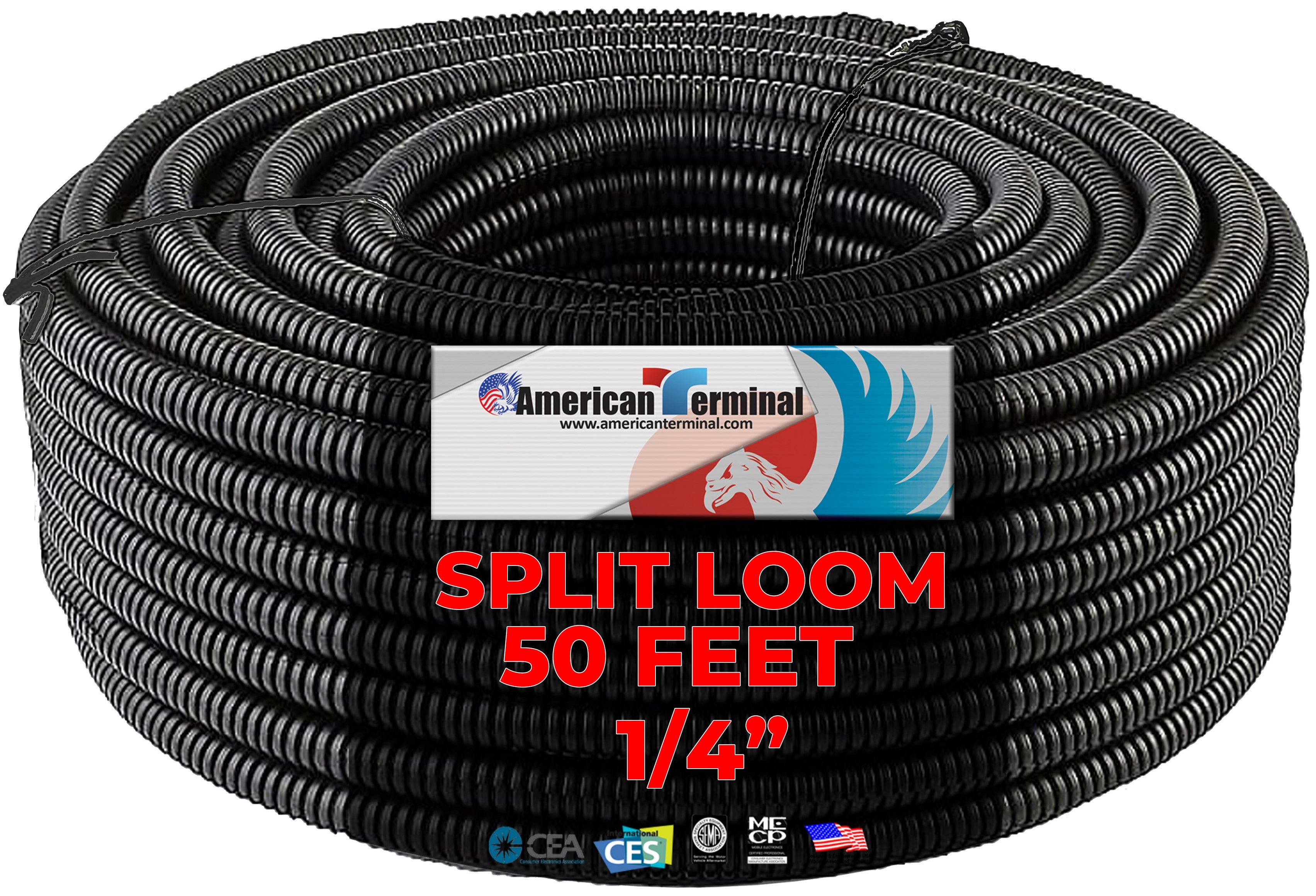 American Terminal 50 Feet Black 1/4" Split Wire Loom Conduit Polyethylene Tubing Black Color ...