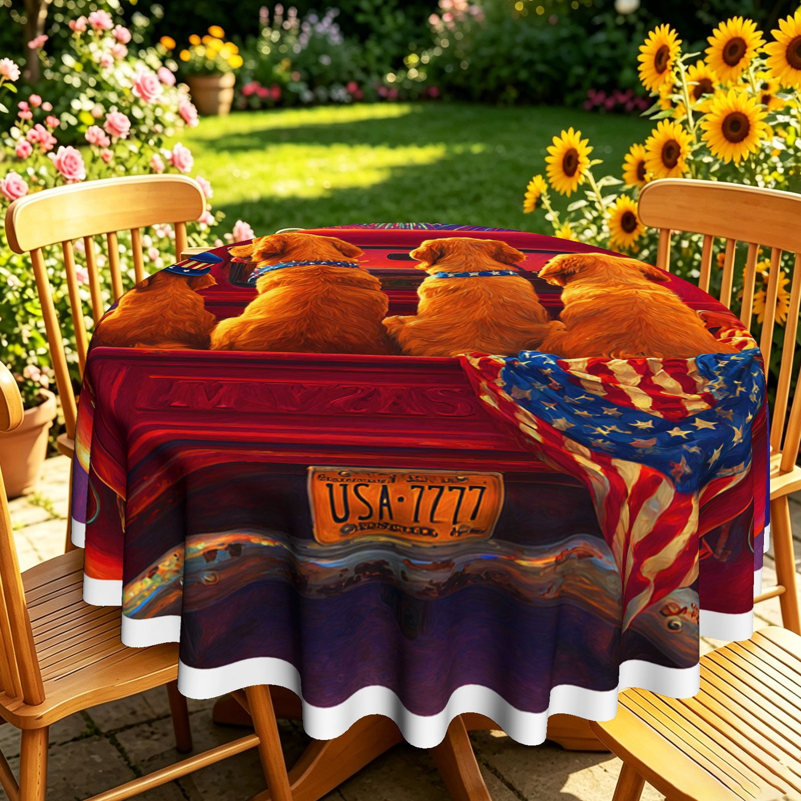 American Themed Cute Golden Retrievers Flag Pattern 2D Print Round ...