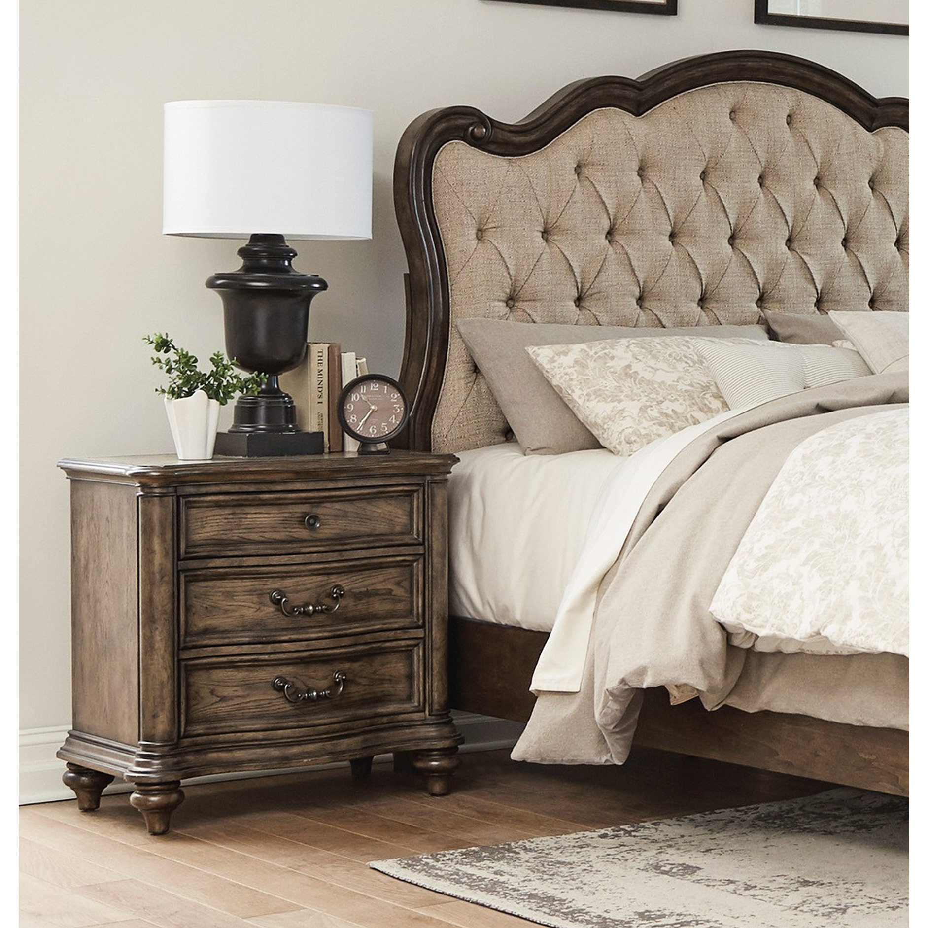 American Traditional Bedside Cabinet In Brown Oak - Spacious Drawers ...