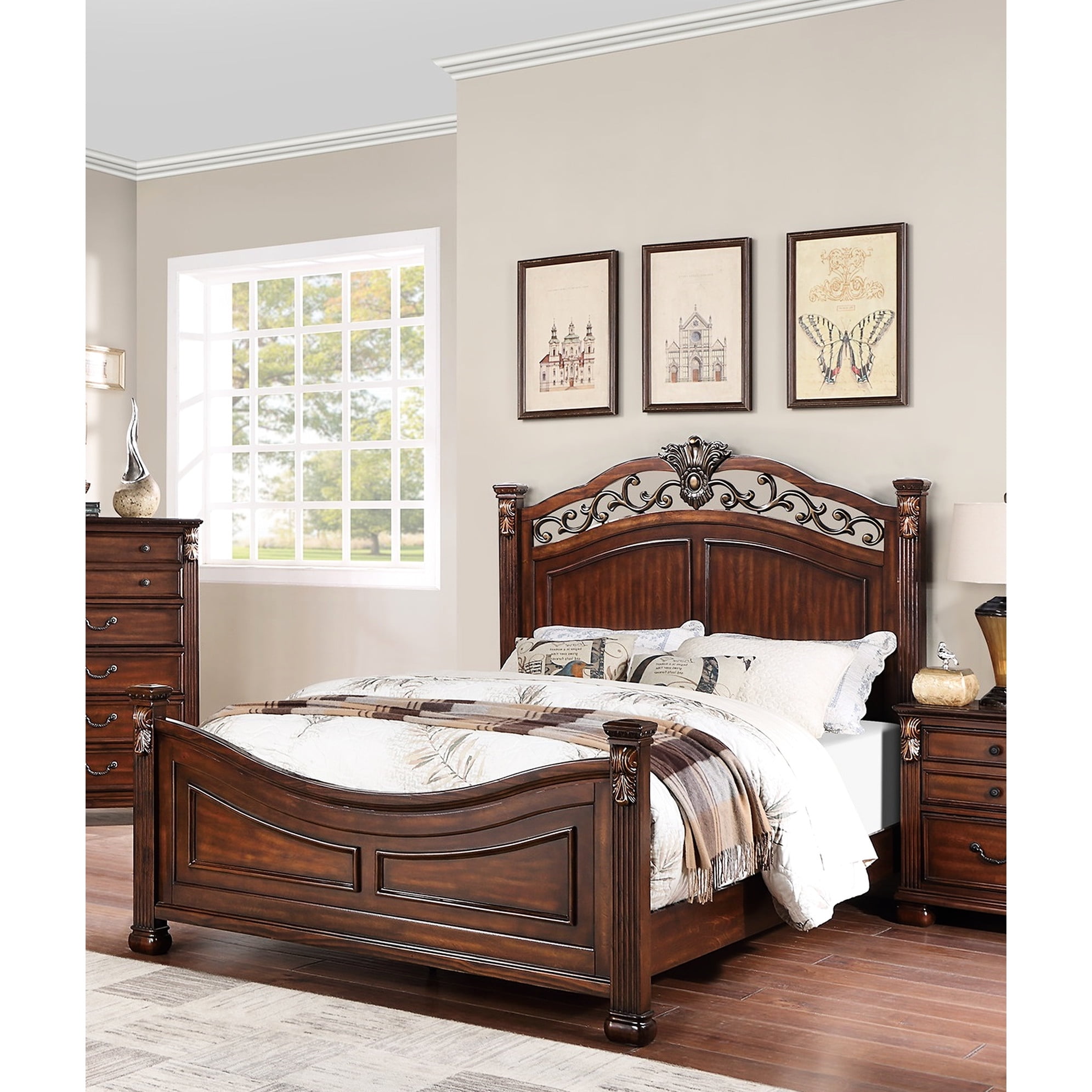 American Traditional Dark Cherry Bedframe, King Size With Faux Leather ...