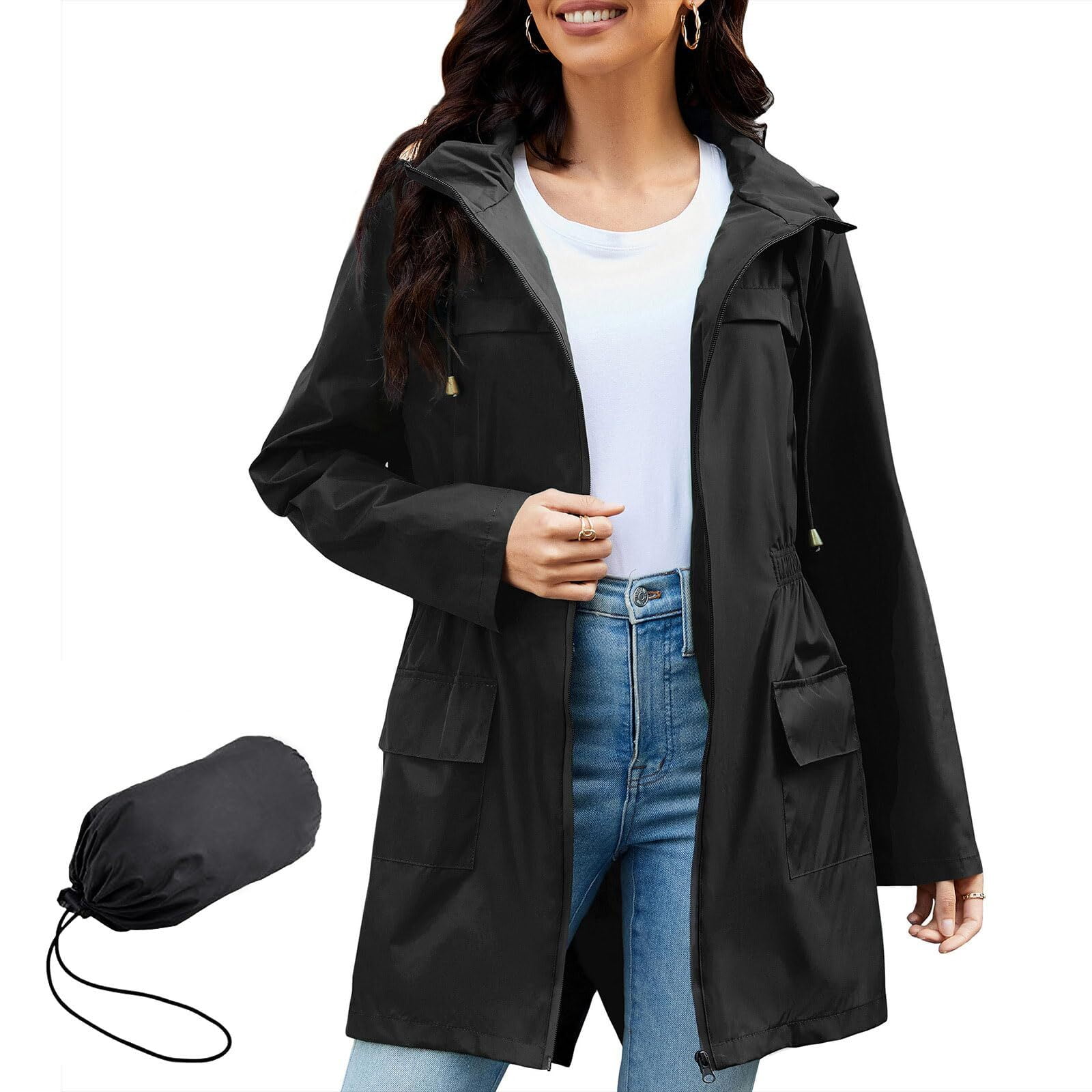 American Trends Women's Hooded Zip Rain Jacket, Windproof, Lightweight ...