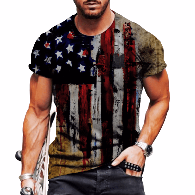 American USA Distressed Flag Tee Men Fashion Patriotic Red Blue ...