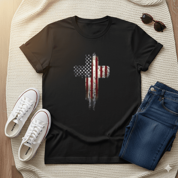 American USA Flag Christian Cross Religious Patriotic Faith Unisex T ...