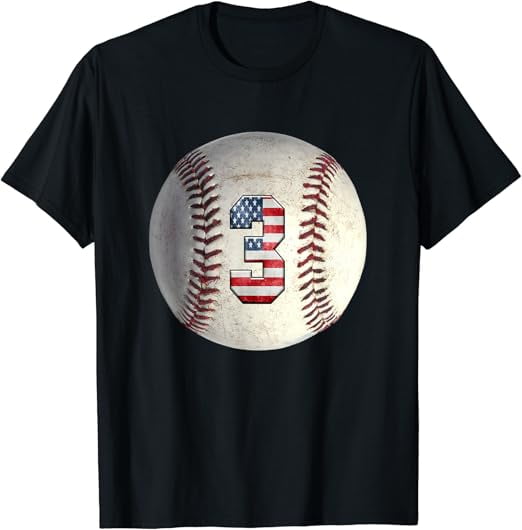 American USA Flag With Retro 3 Baseball Number #3 Vintage T-Shirt ...
