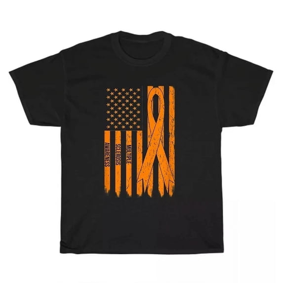 American Us Flag Ms Multiple Sclerosis Awareness Orange Ribbon T-Shirt ...