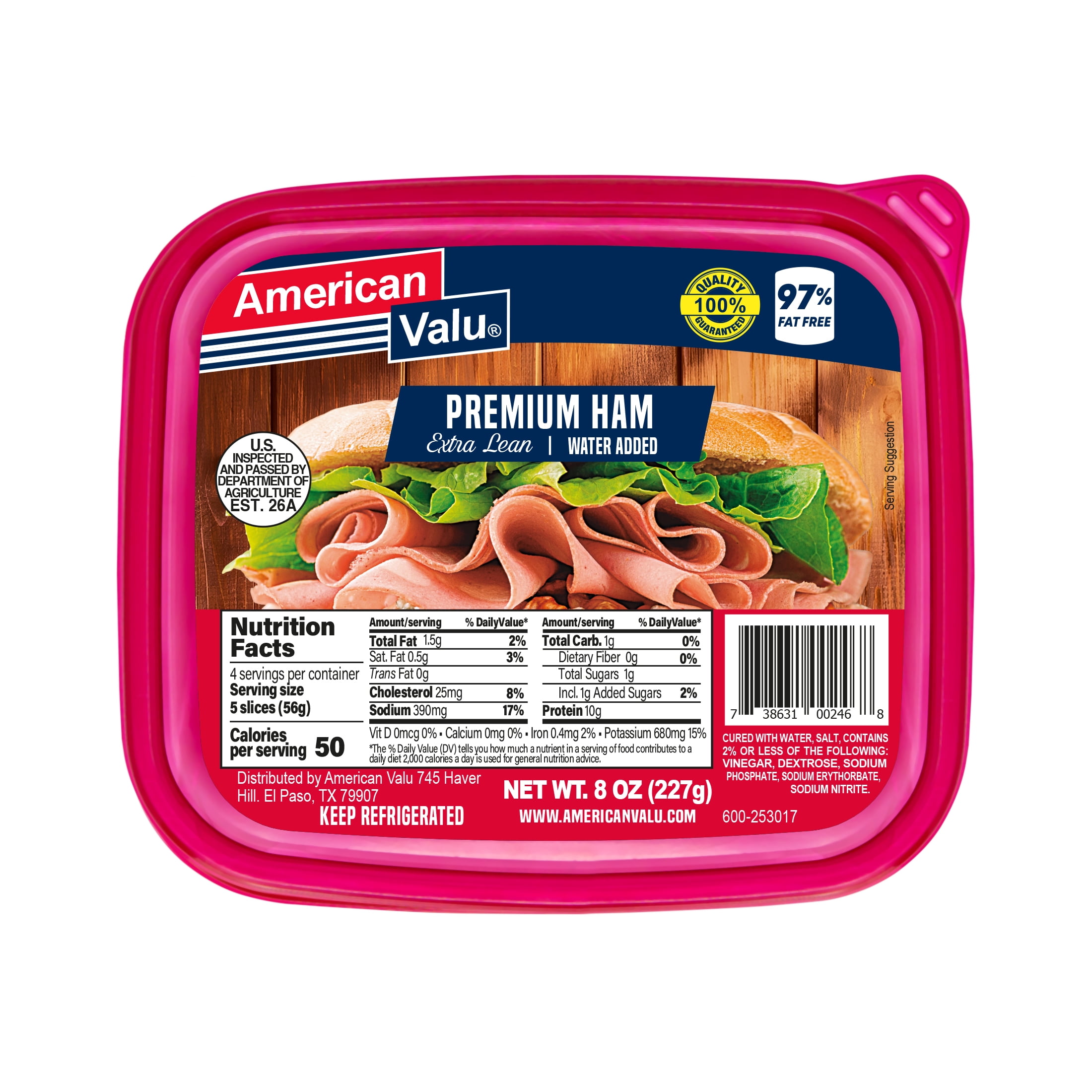 American Valu, 97% Fat Free, Extra Lean, Premium Ham, 8 oz Tub, Deli ...