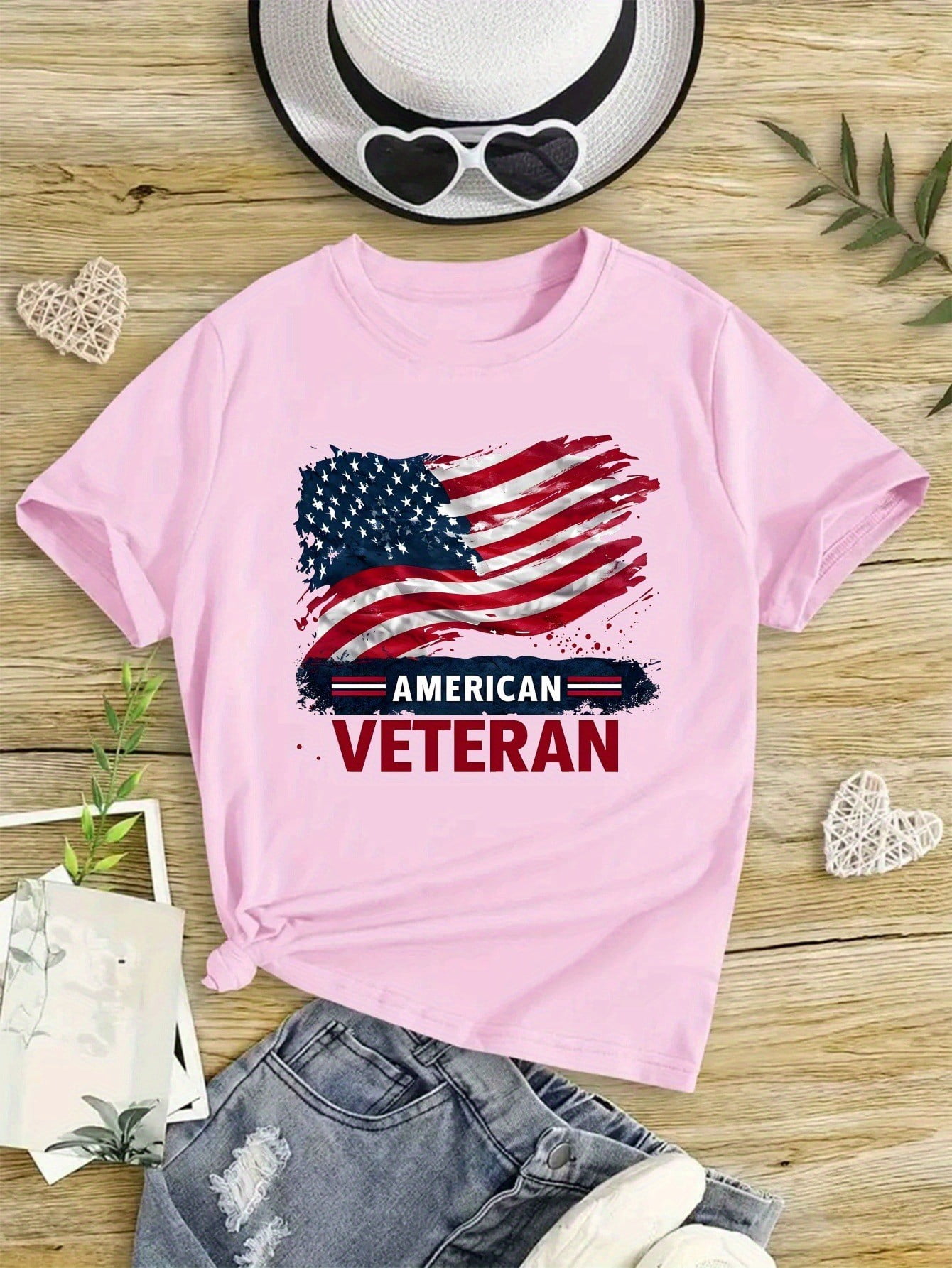 American Veteran Cotton Girls' T-Shirt - Patriotic Flag Design, Crew ...