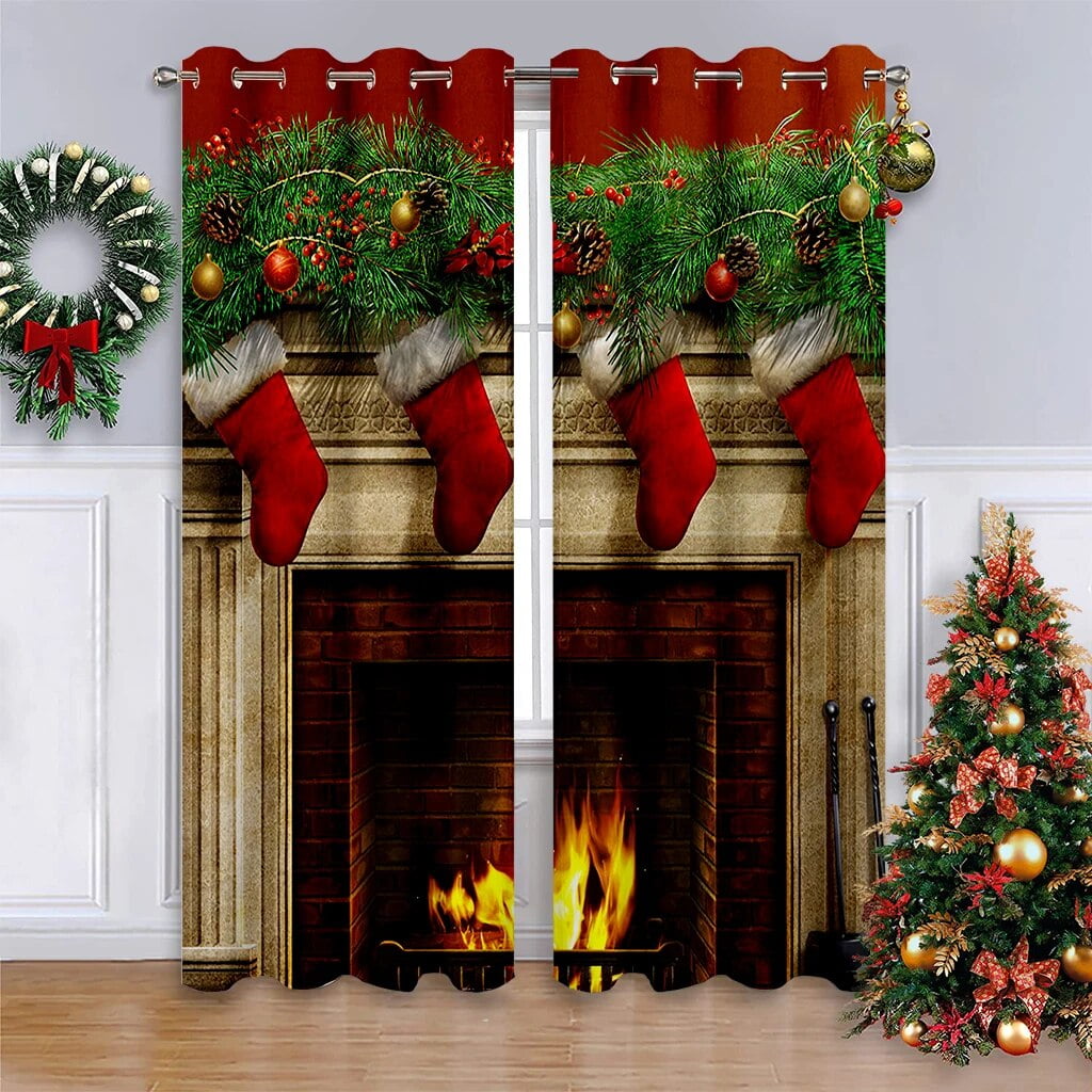 American Vintage Christmas Fireplace Print Curtains Party Decoration ...