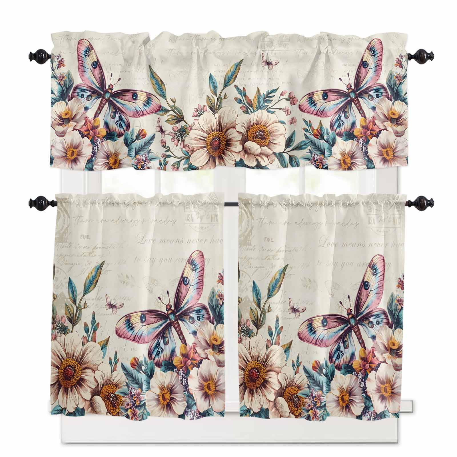 American Vintage Flowers Kitchen Curtains Valance and Tier Set Country ...