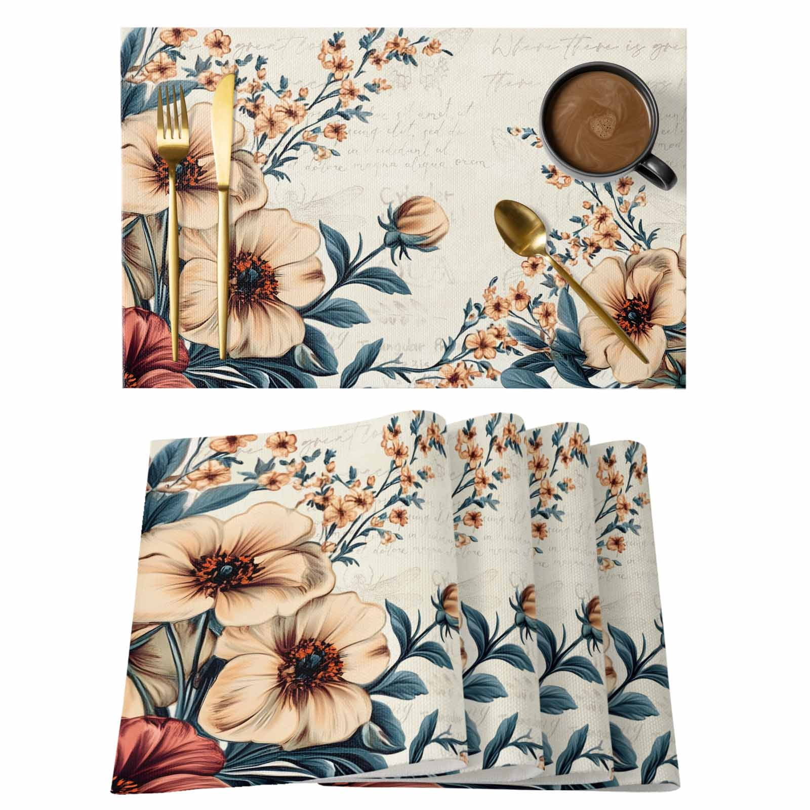 American Vintage Flowers Placemats Set of 2, Country Retro Text Texture ...