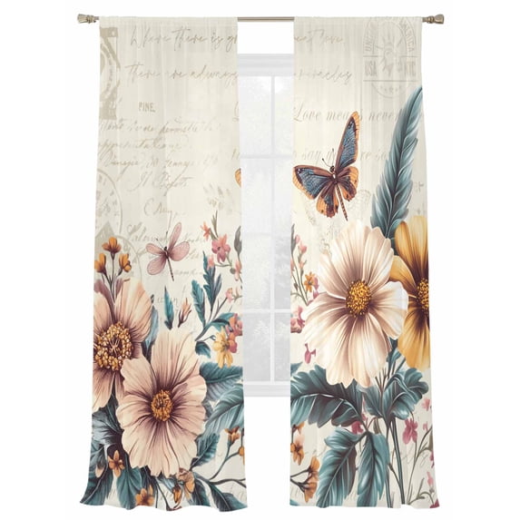 American Vintage Flowers Sheer Curtains 2 Panels Set Country ...
