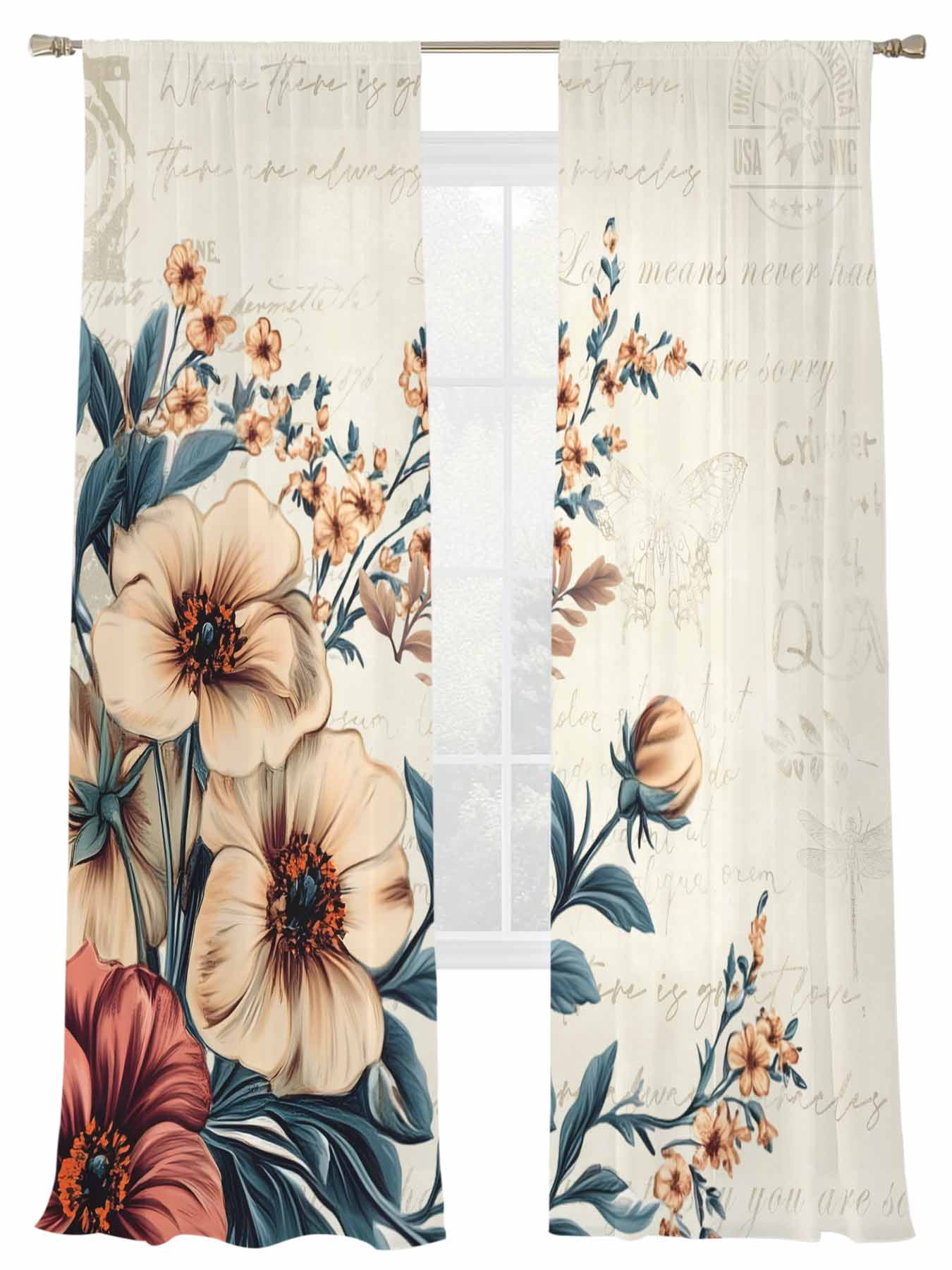 American Vintage Flowers Sheer Curtains 2 Panels Set Country Retro Text ...