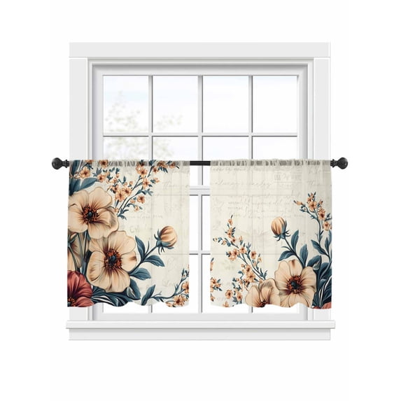 American Vintage Flowers Sheer Curtains 2 Panels Set Country Retro Text ...