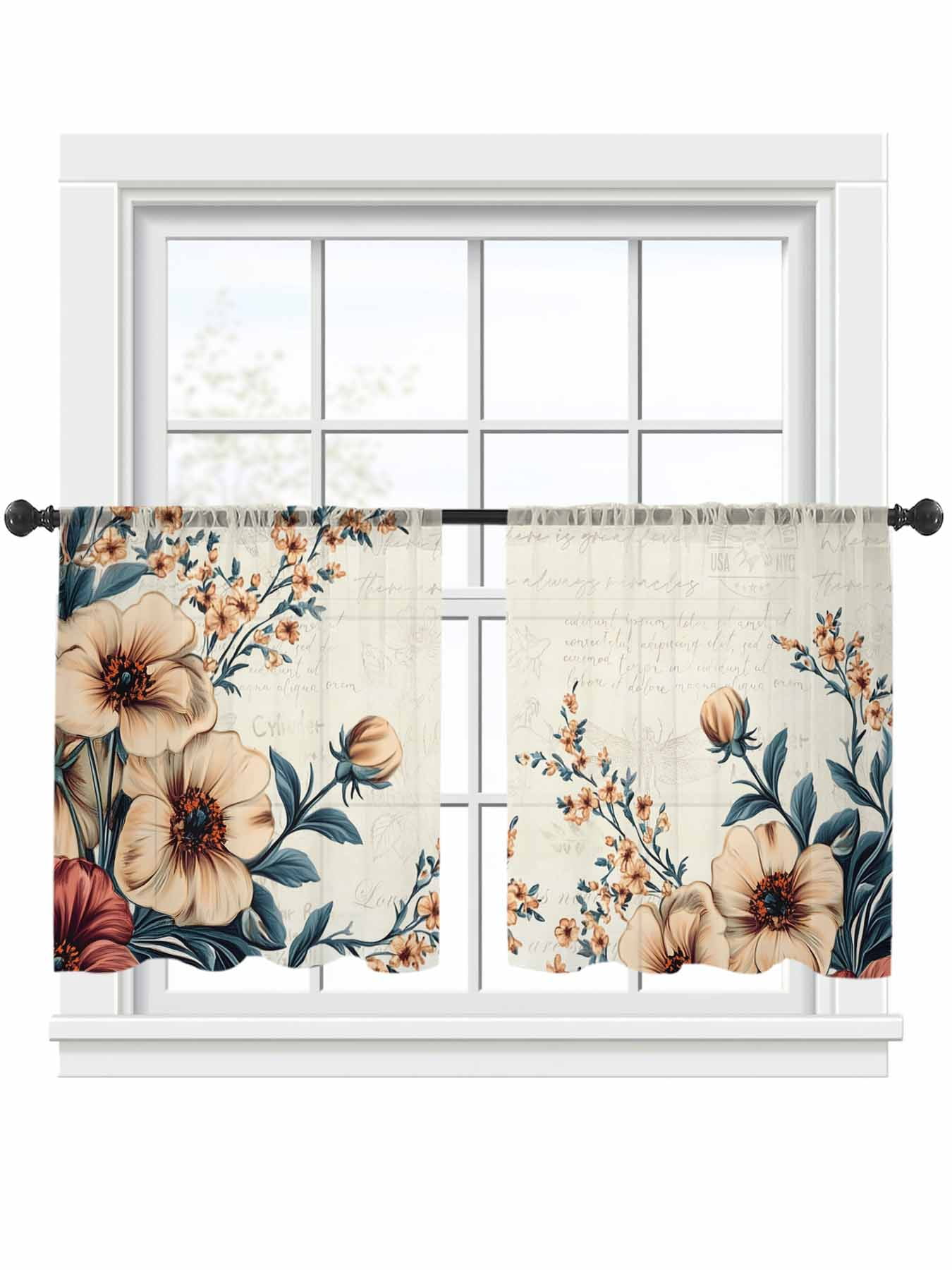 American Vintage Flowers Sheer Curtains 2 Panels Set Country Retro Text ...