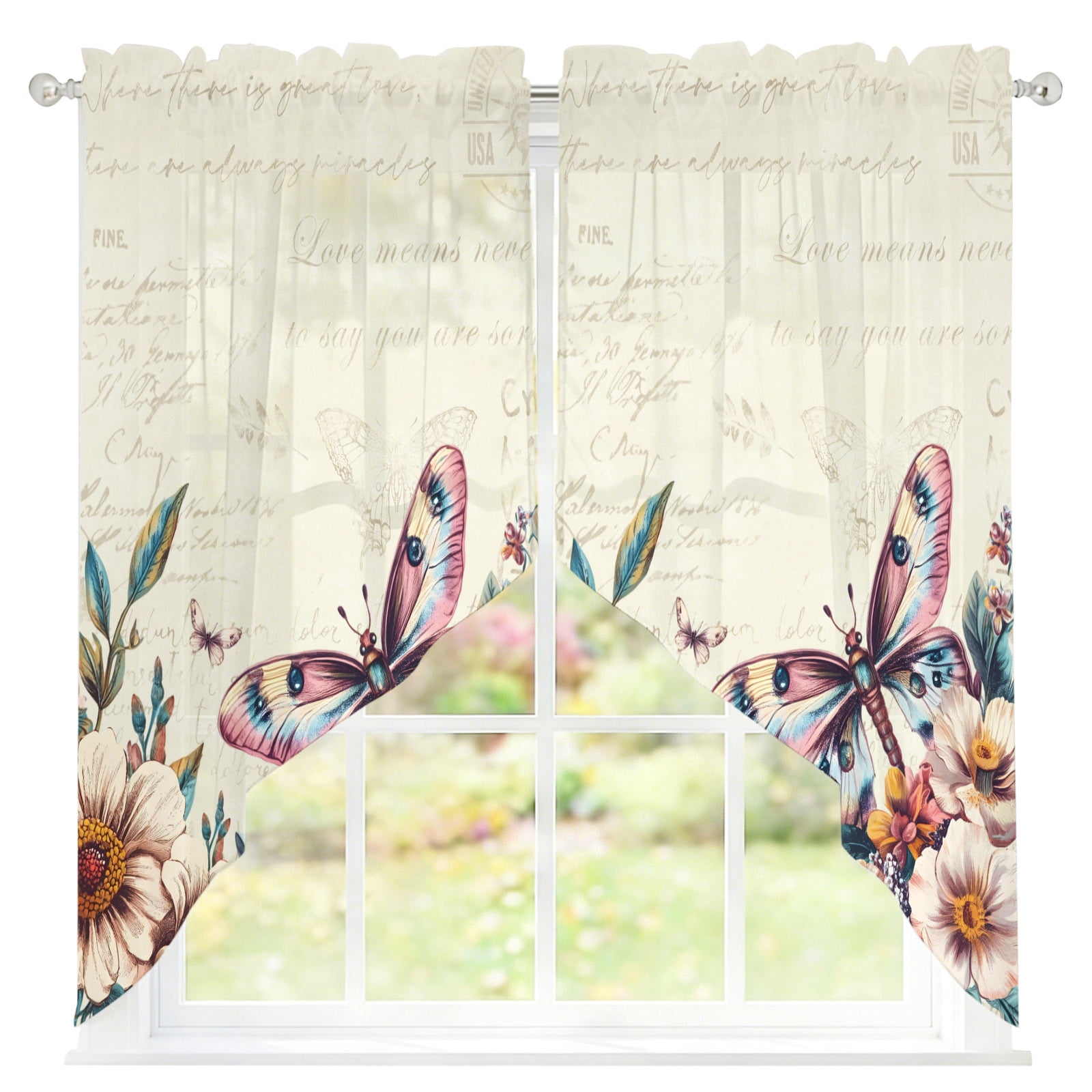 American Vintage Flowers Sheer Curtains Swag Valances for Windows ...