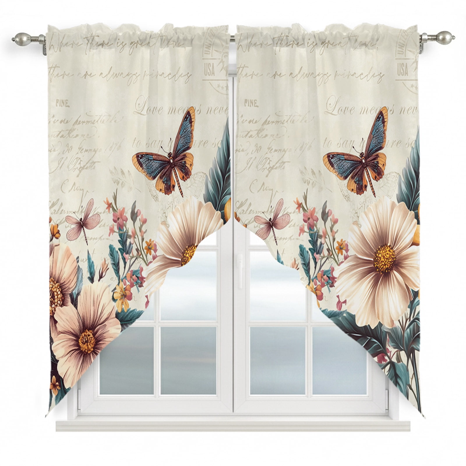 American Vintage Flowers Swag Curtain Valance for Window 2 Panels ...